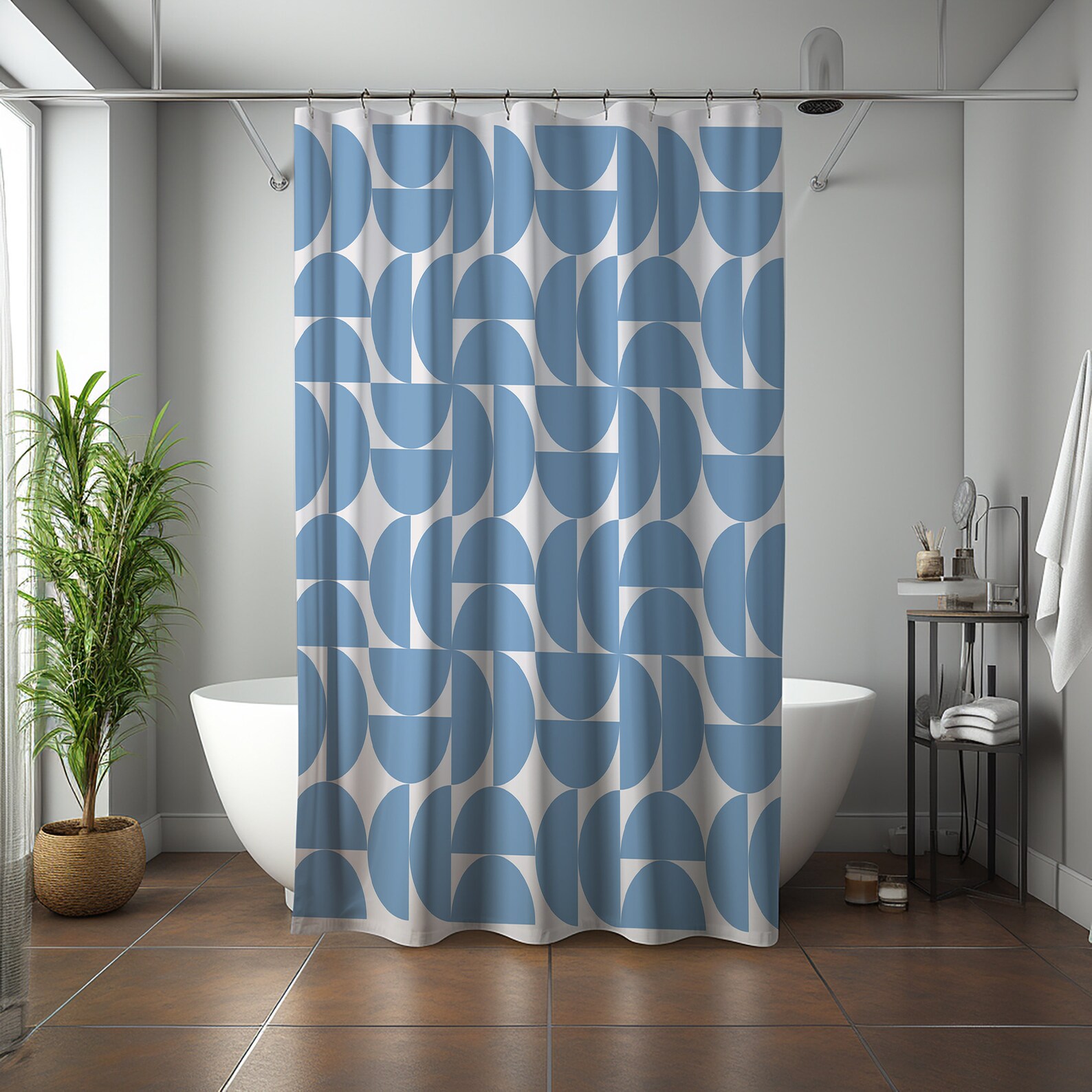 Blue Half-moon Retro Shower Curtain, Mid-century 70s Style Geometric ...