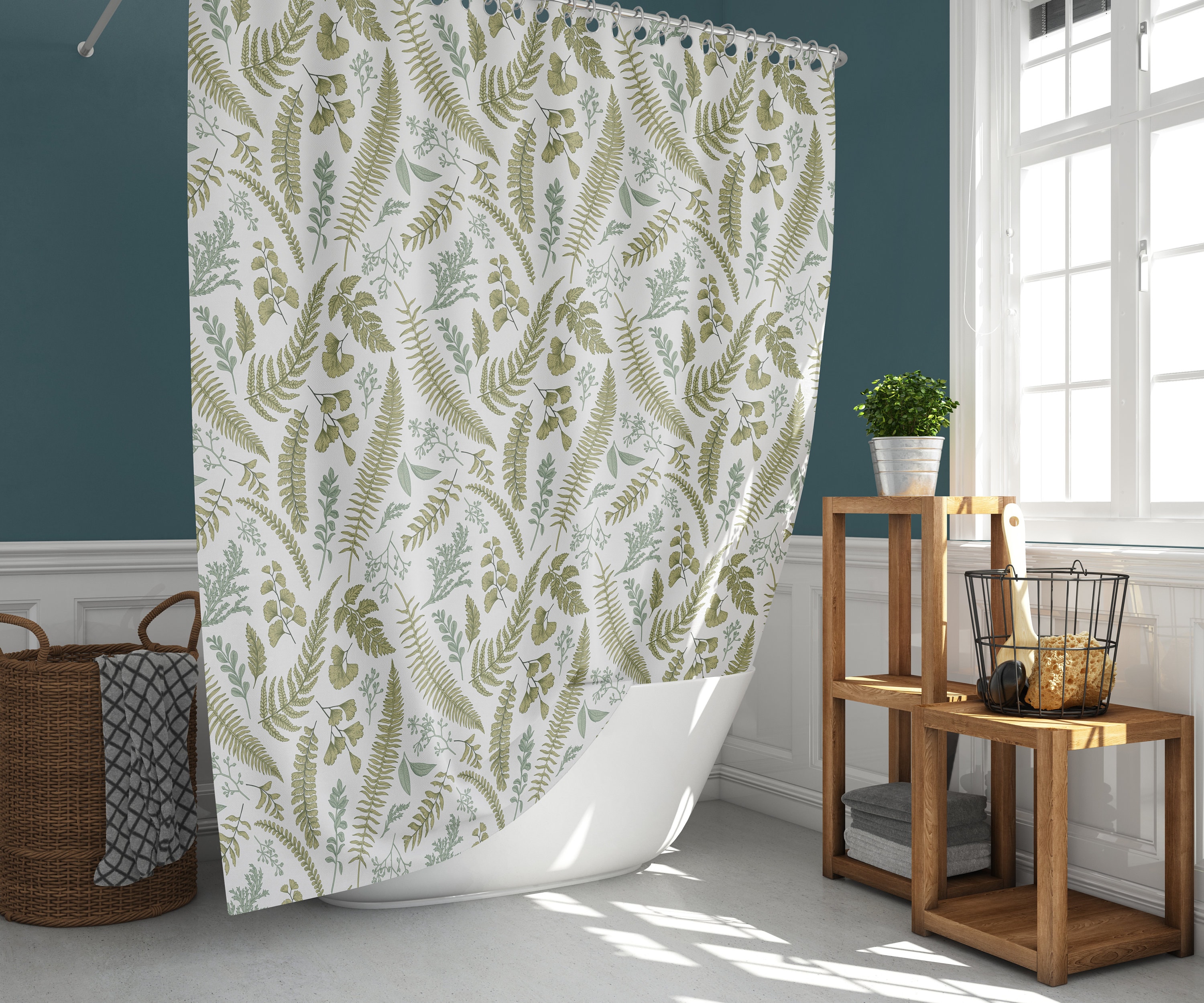 Green Fern Leaves Shower Curtain, Botanical Tropical Forest Cottagecore ...
