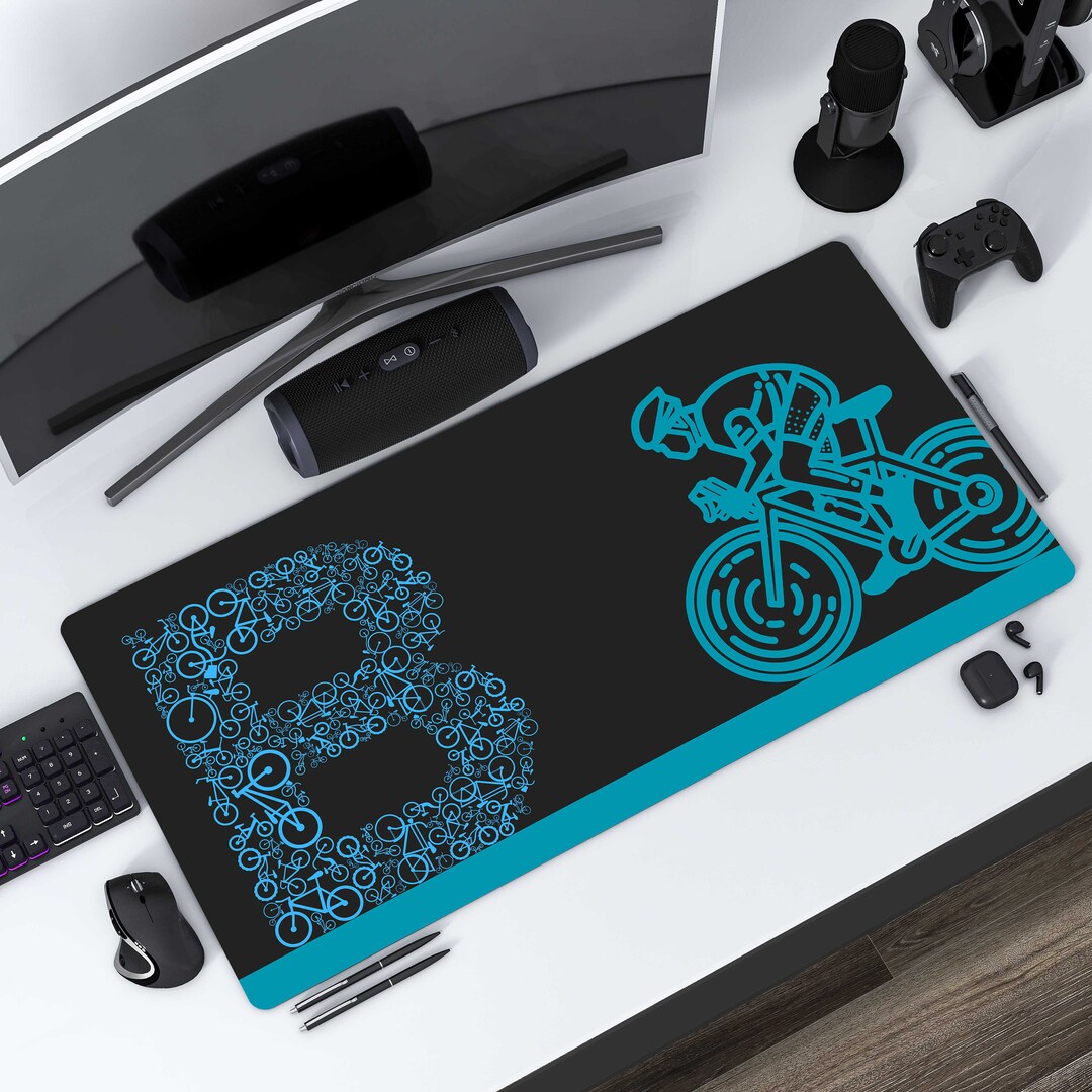 Bike Monogram CUSTOM Large Mouse Pad, Cyclist Race Green Blue Desk Mat ...