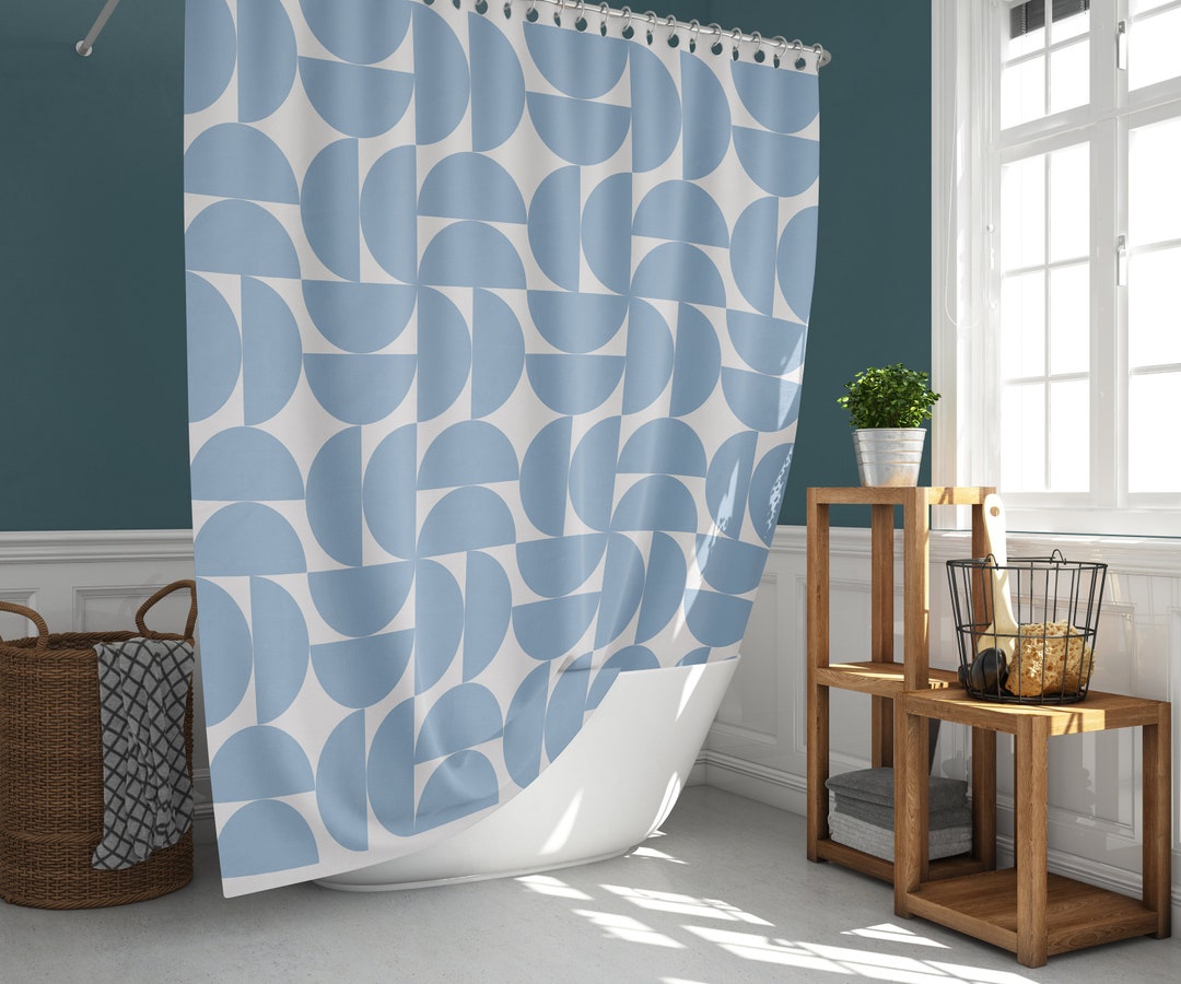 Blue Half-moon Retro Shower Curtain, Mid-century 70s Style Geometric ...