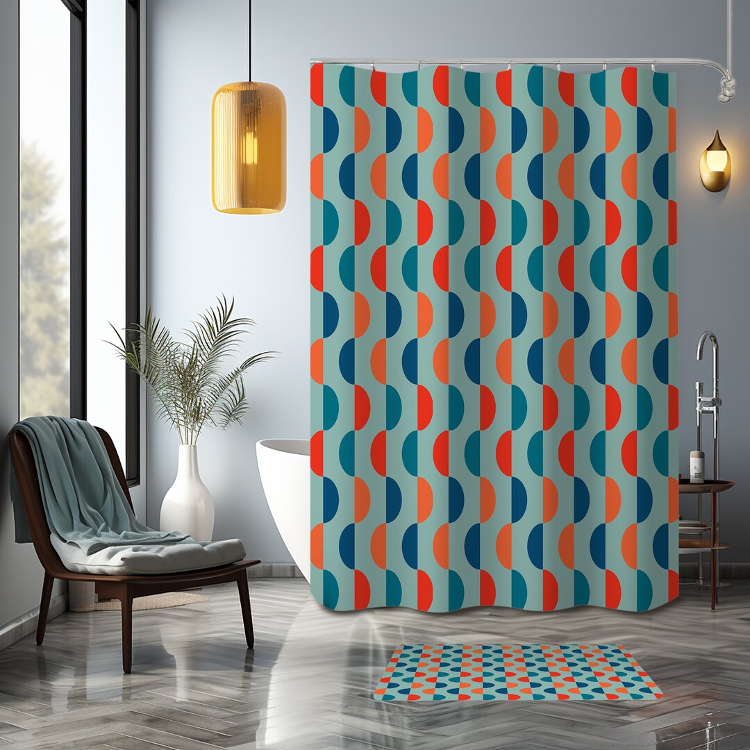 Blue Red Half-moon Retro Shower Curtain, Mid-century 70s Style Orange ...