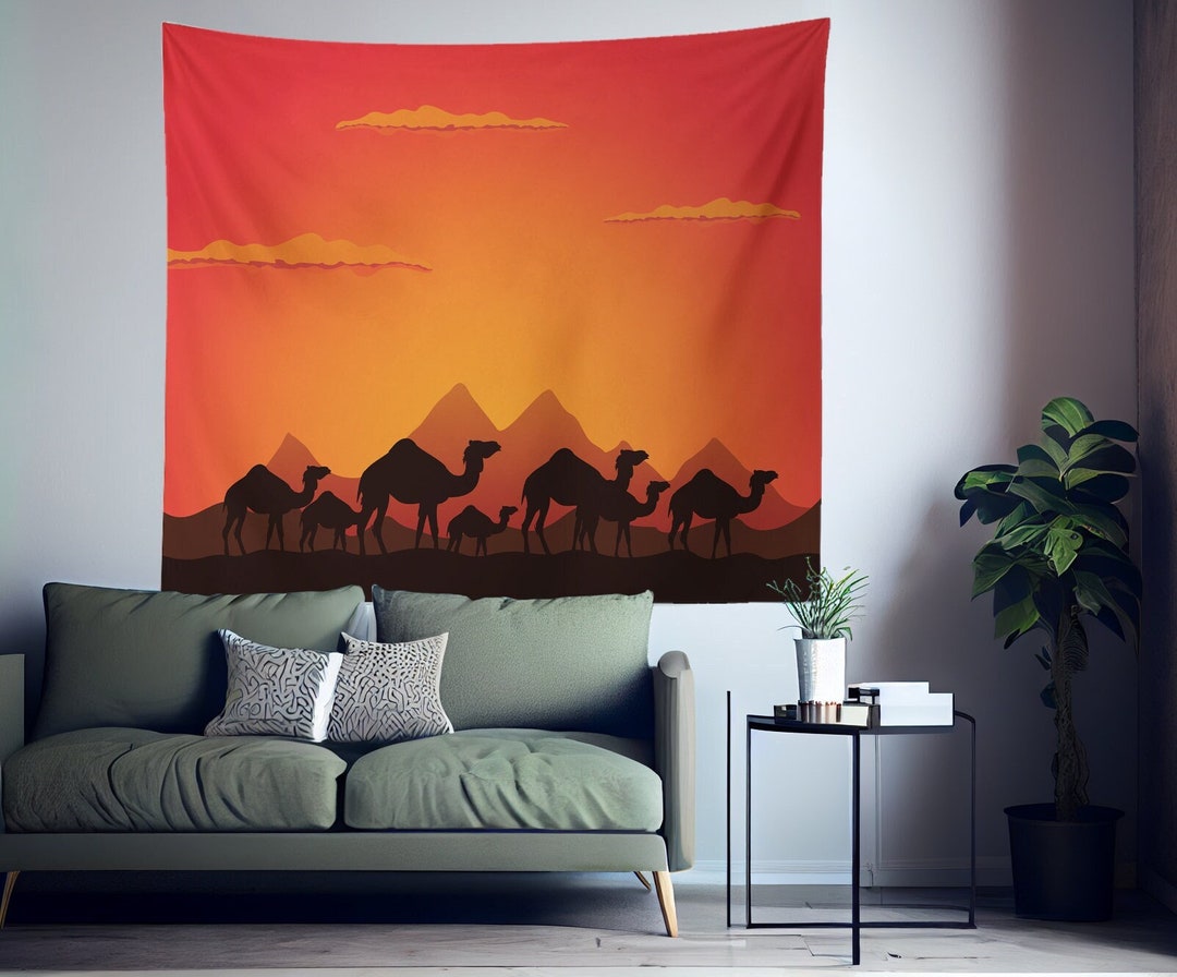 Camel in the Desert Tapestry, Red Orange Sunrise Wall Decor, Wall ...