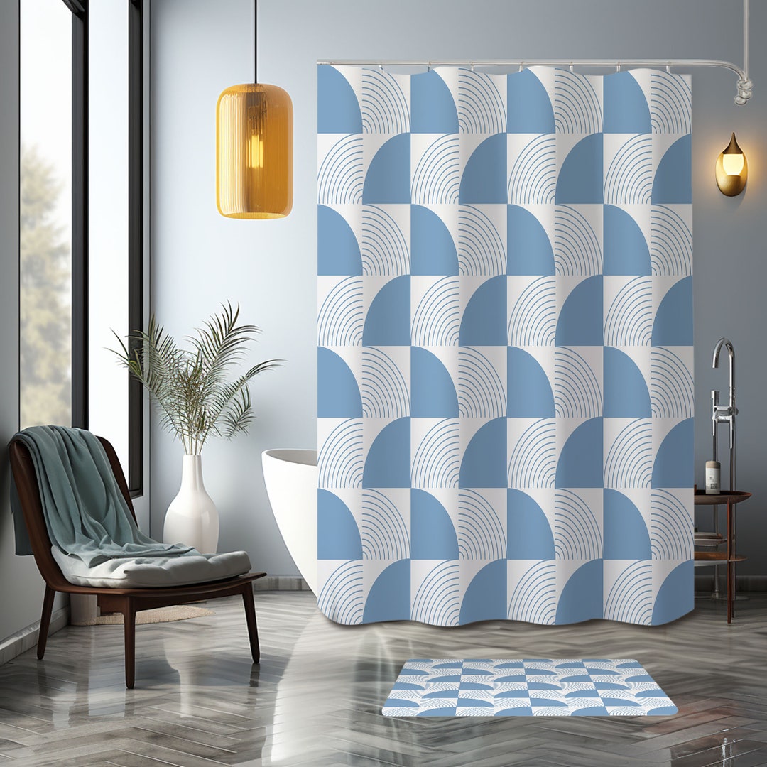 Blue Half-moon Retro Shower Curtain, Mid-century 70s Style Geometric ...