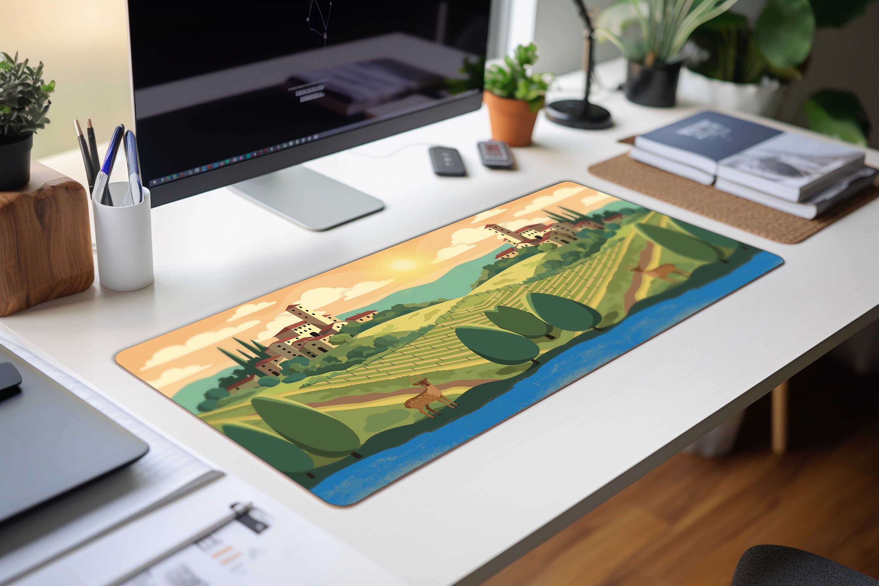 Medieval Village on the Hill Large Mousepad, Italian Small Town Green ...