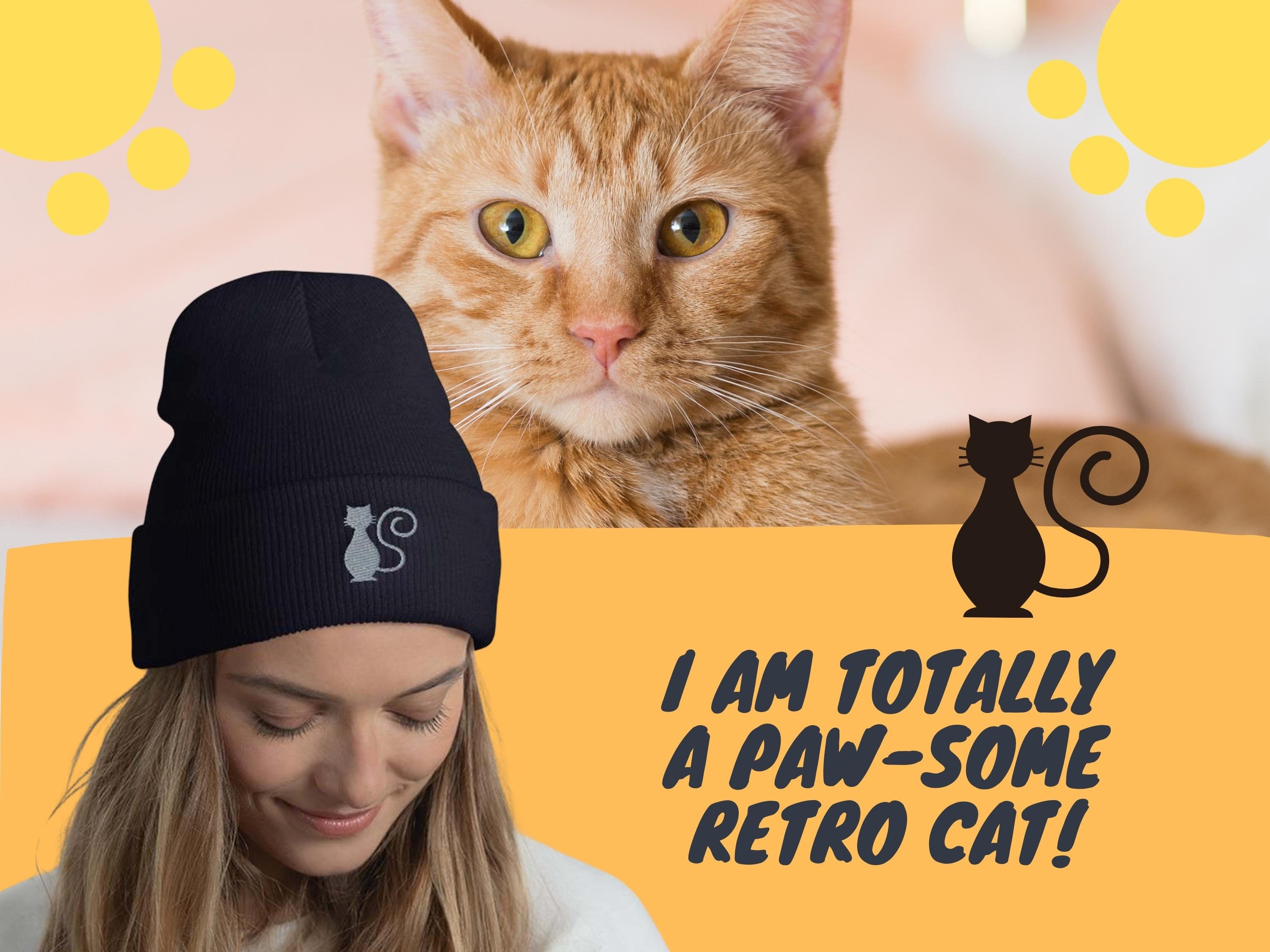 Retro Cat Cuffed Beanie, Cat Lover Gift, Cute Kitten, Embroidery Winter ...