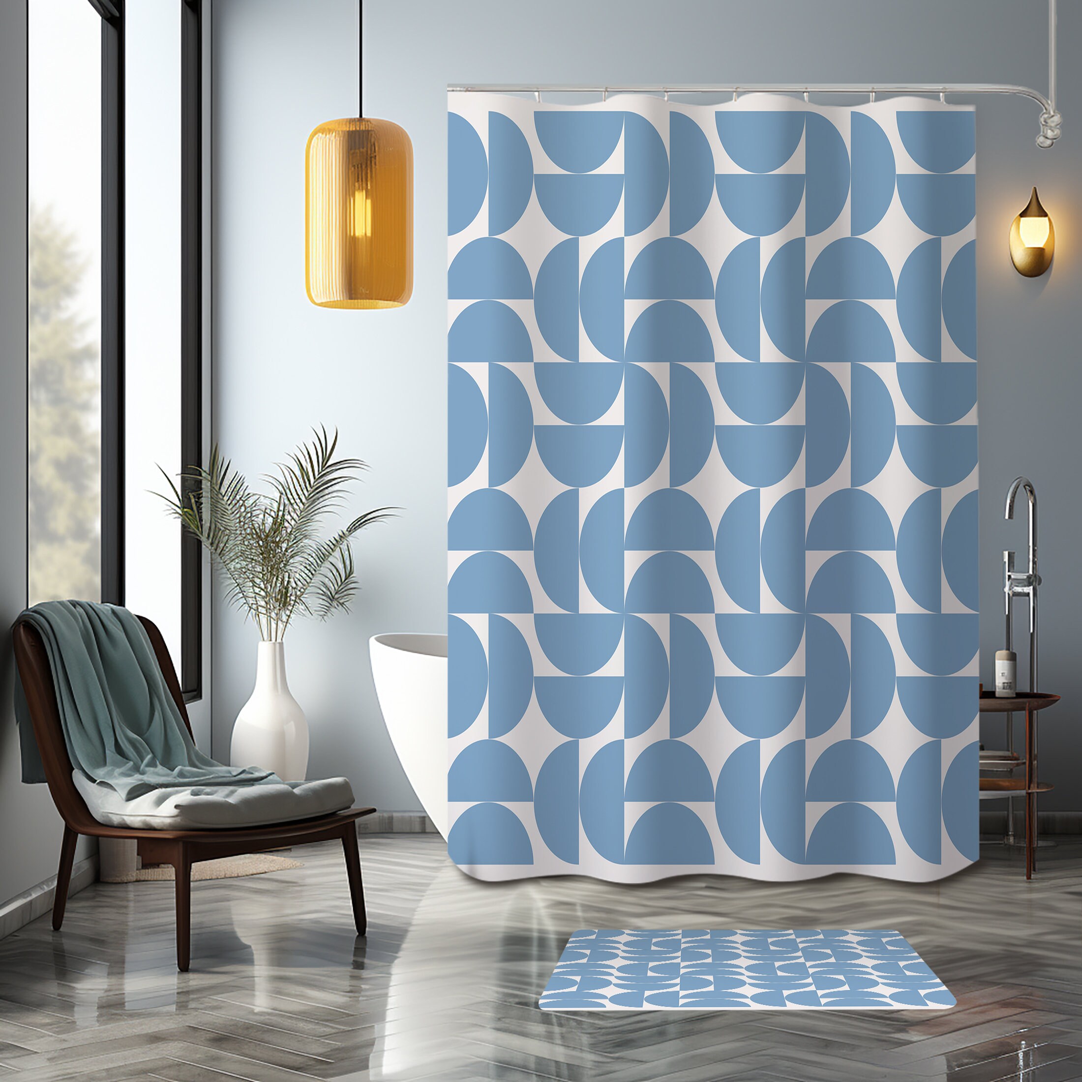 Blue Half-moon Retro Shower Curtain, Mid-century 70s Style Geometric ...