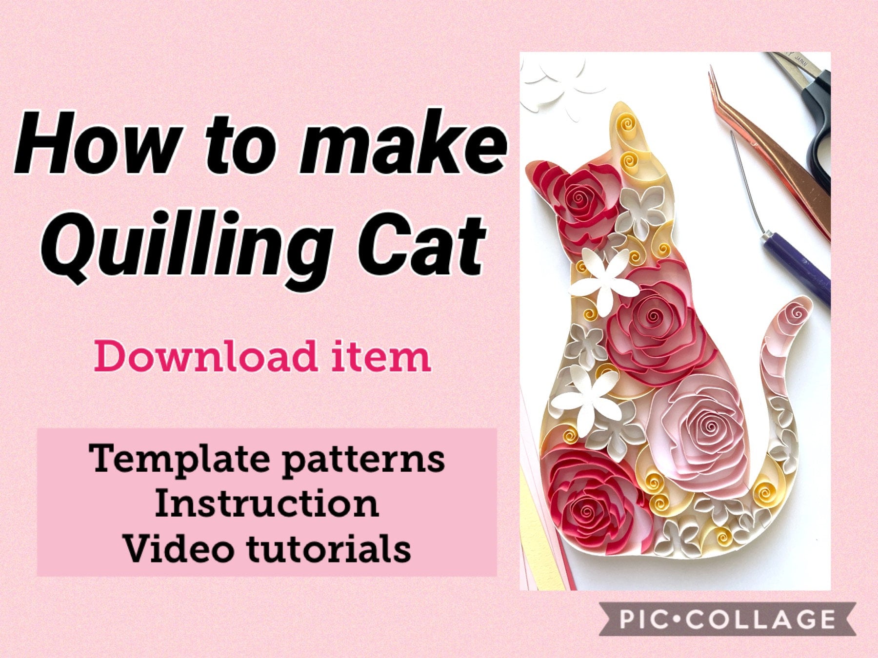Quilling Template , Cat Quilling Download, Quilling Kit, Pink Cat Art ...