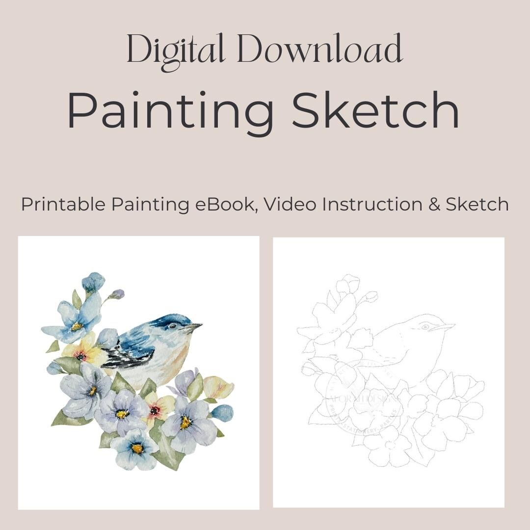 Bird Sitting on Flowers Printable PDF – Watercolor Outline Sketch for ...