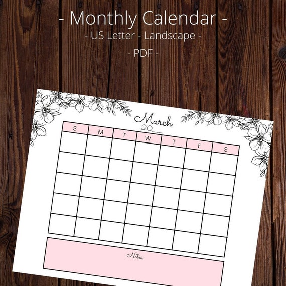 Calendar Printable Landscape Calendar US Letter Size | Etsy