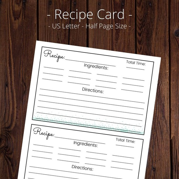 Recipe Card Half Page US Letter Instant Download | Etsy