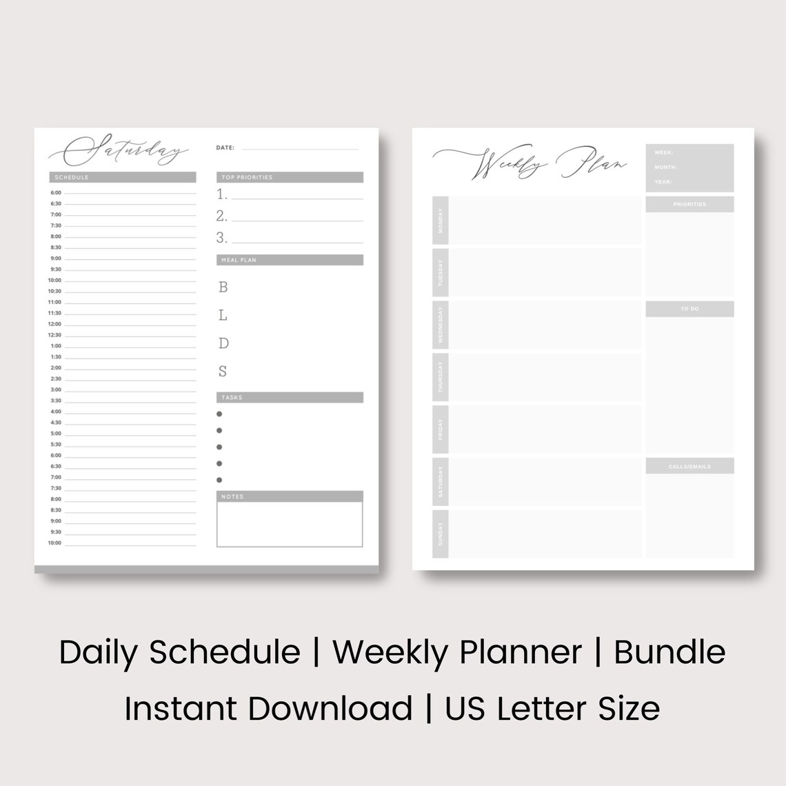 Daily Schedule, Weekly Planner, Daily Weekly Bundle, US Letter, Instant ...