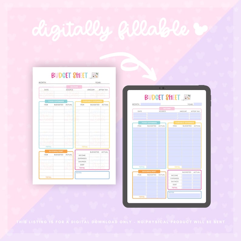 Budget Planner Printable Templates Digital Finance Planner Disneyparks ...