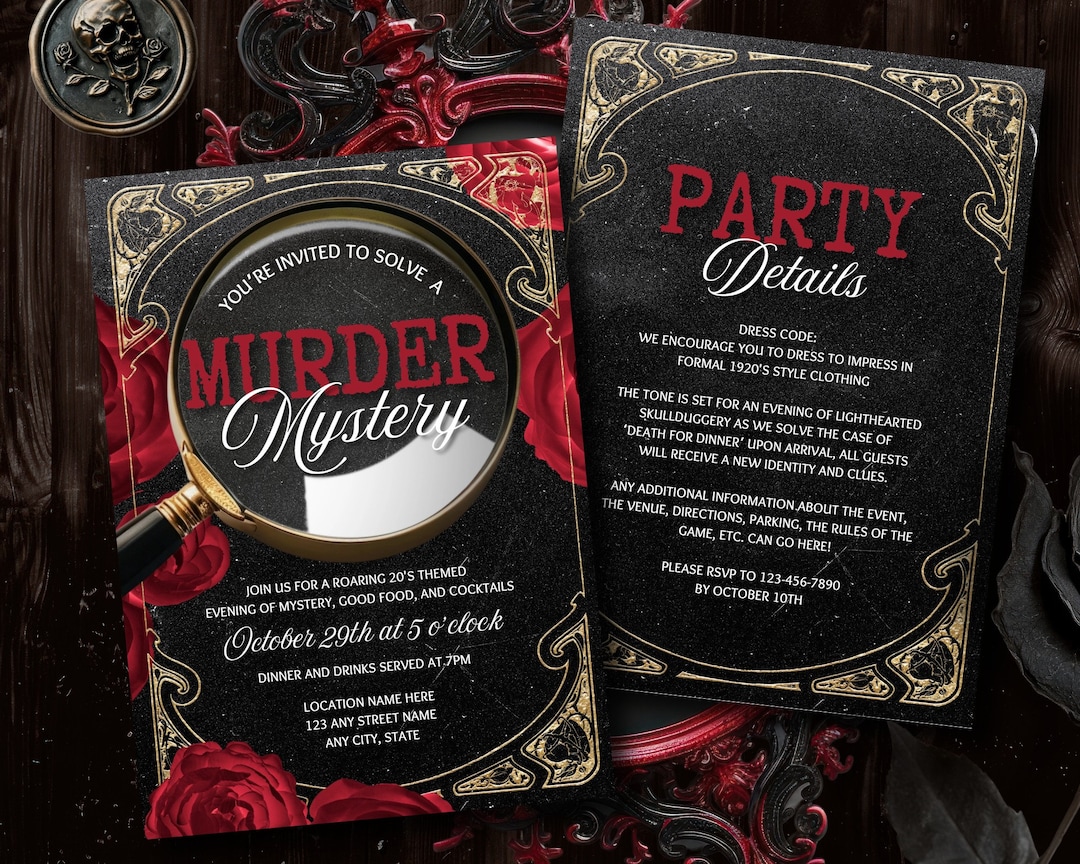 Murder Mystery Editable Invitation, Roaring 20s Red Rose Themed ...