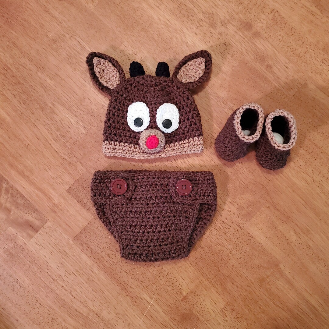 Handmade Crochet Rudy Reindeer Hat, Booties and Diaper Cover Baby Set ...