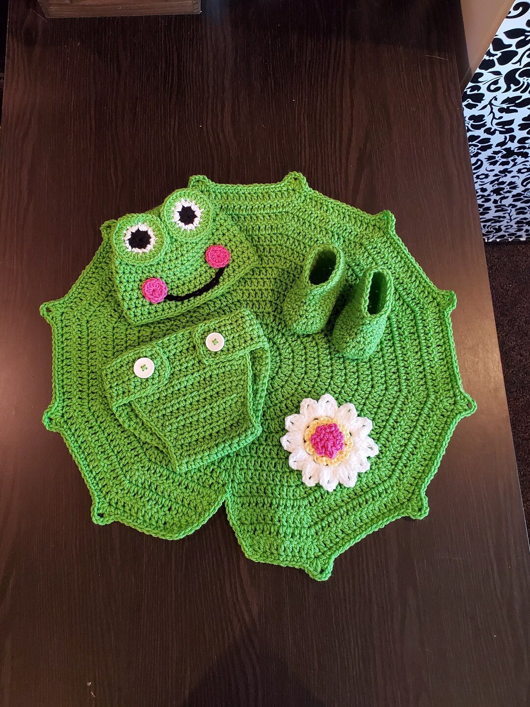 Handmade Crochet Frog & Lily Pad Hat, Booties, Diaper Cover and Lovey ...