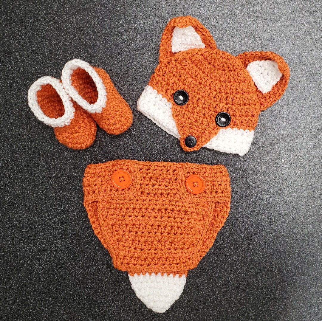 Handmade Crochet Fox Hat, Booties & Diaper Cover Baby Set - Etsy.de