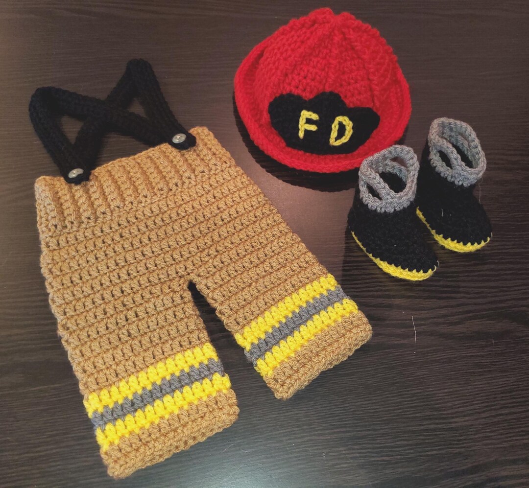 Handmade Crochet Baby Firefighter Costume / Photo Prop Outfit With Hat ...