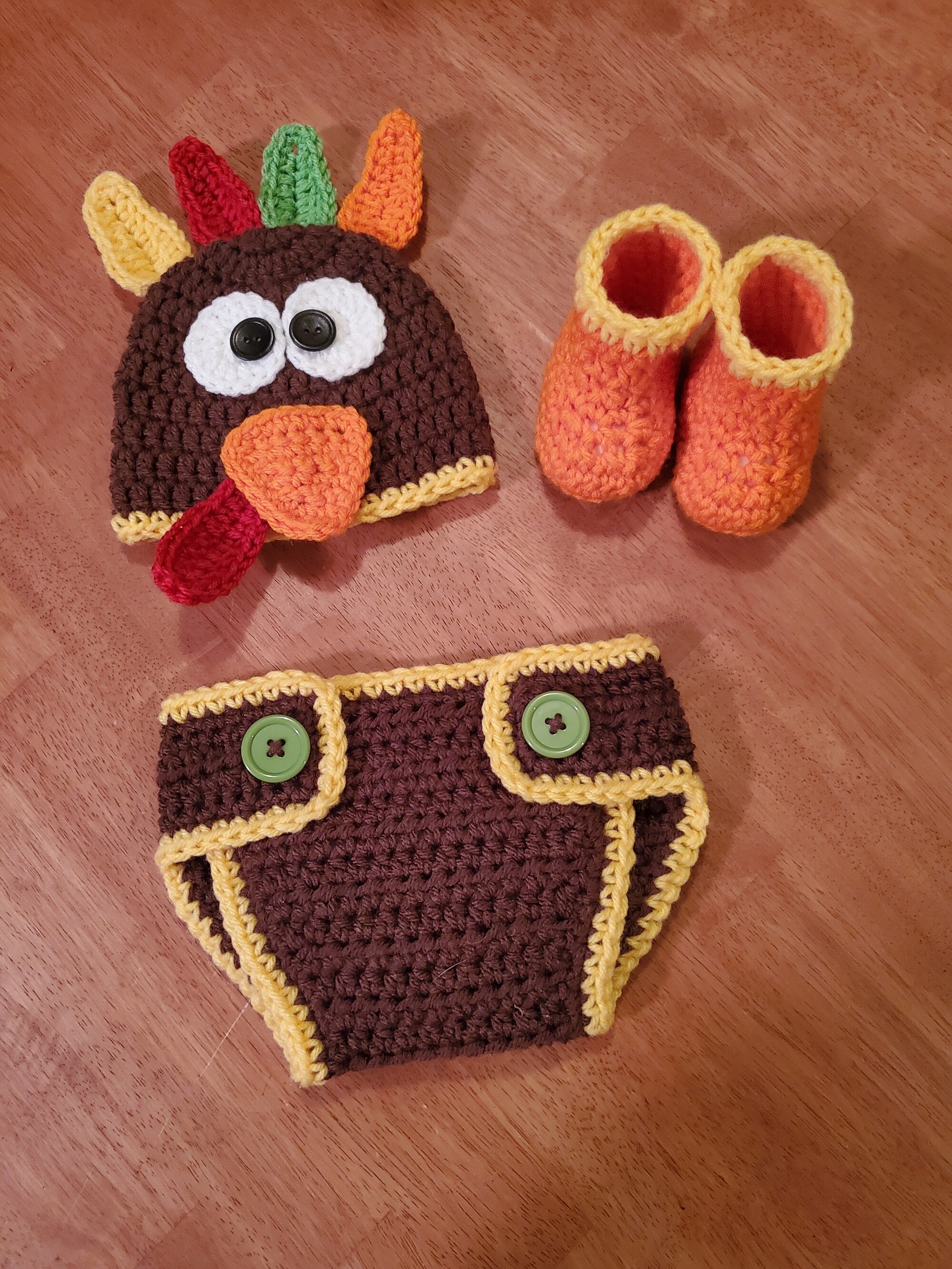 Handmade Crochet Turkey Hat, Booties & Diaper Cover Baby Set - Etsy