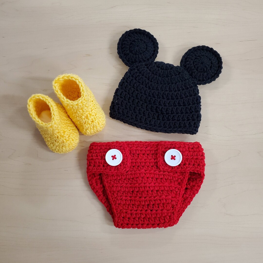 Handmade Crochet Mickey Mouse Hat, Booties & Diaper Cover Baby Set - Etsy