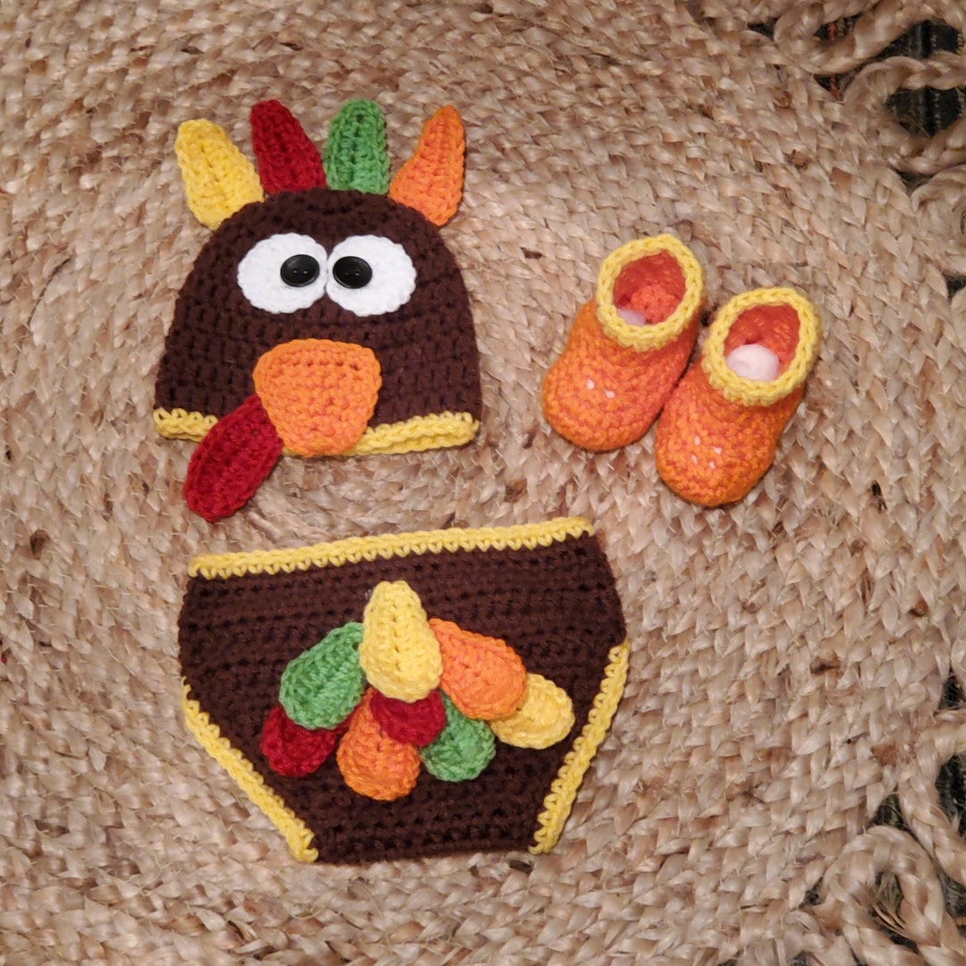 Handmade Crochet Turkey Hat, Booties & Diaper Cover Baby Set - Etsy
