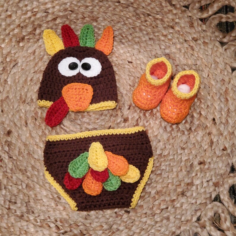 Handmade Crochet Turkey Hat, Booties & Diaper Cover Baby Set - Etsy