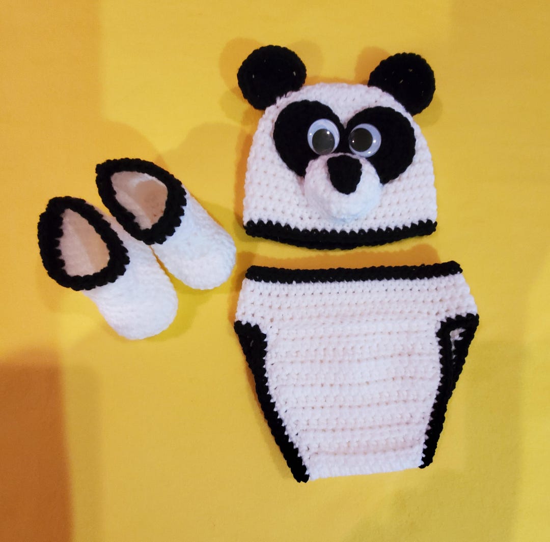 Handmade Crochet Panda Bear Hat, Booties and Diaper Cover Baby Set - Etsy