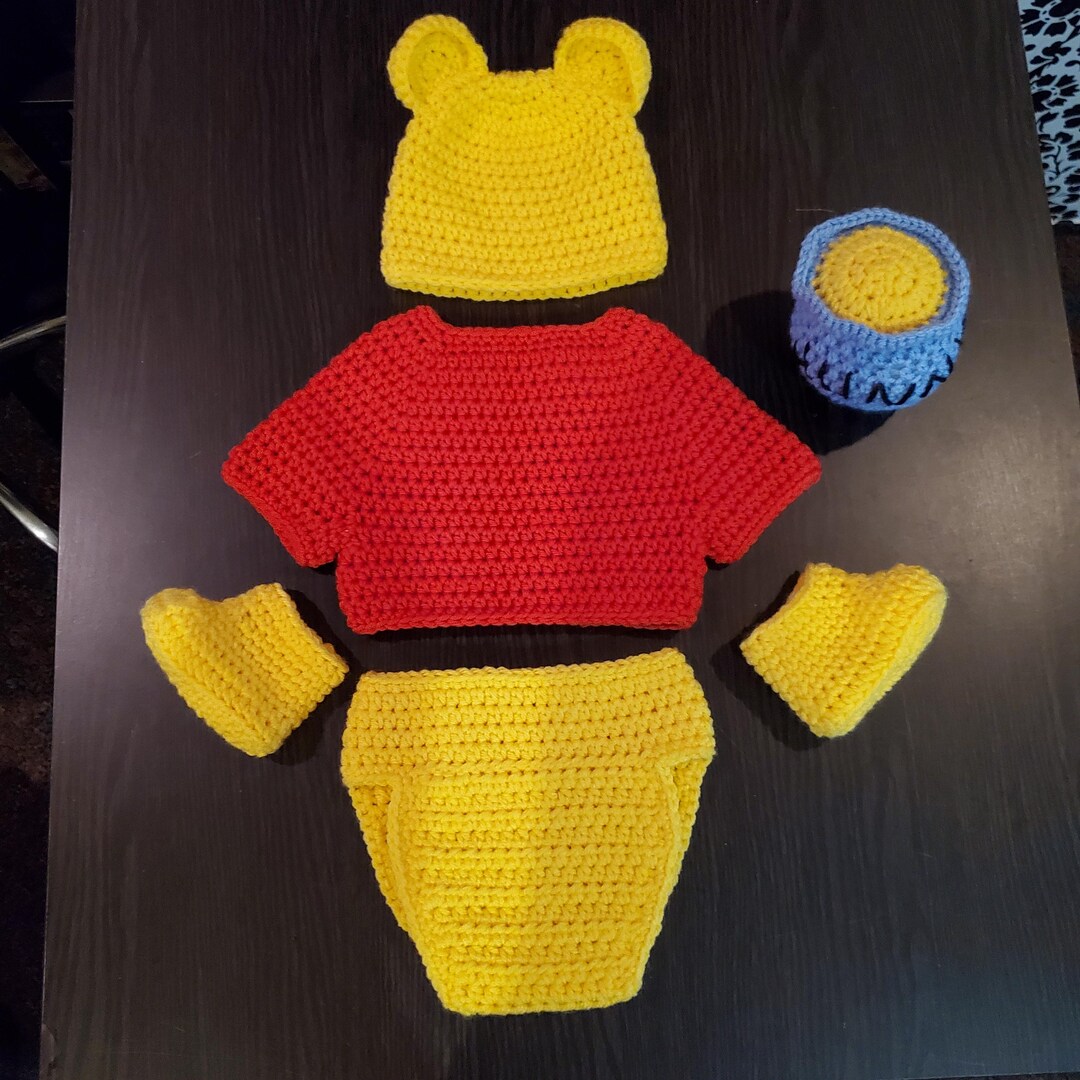 Handmade Crochet Winnie the Pooh Bear Hat, Booties & Diaper Cover Baby ...