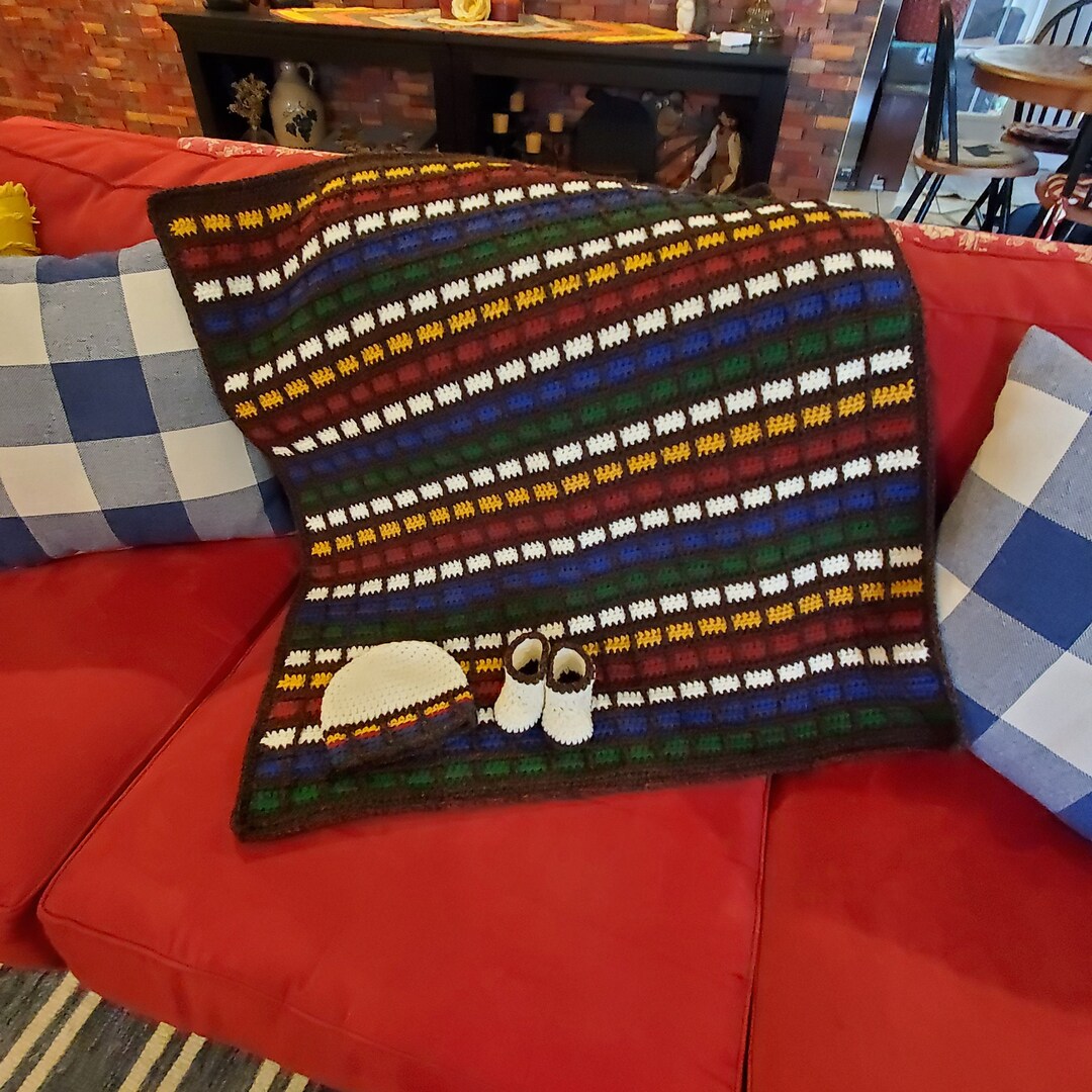 Handmade Crochet Peek-a-boo Blocks Blanket With Hat and Booties Baby ...