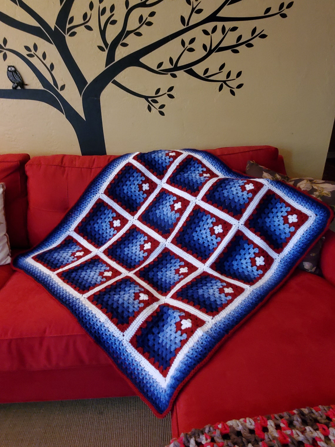 Handmade Crochet Fades of Blue Mitered Granny Square Throw Afghan ...