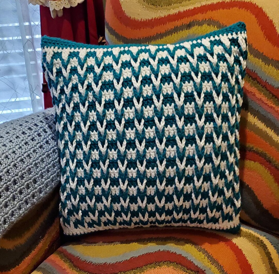 Handmade Crochet Teal and White Jacobs Ladder Throw Pillow - Etsy