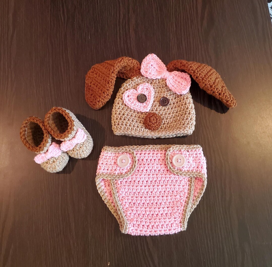 Handmade Crochet Puppy Dog Girl Hat, Booties and Diaper Cover Baby Set ...
