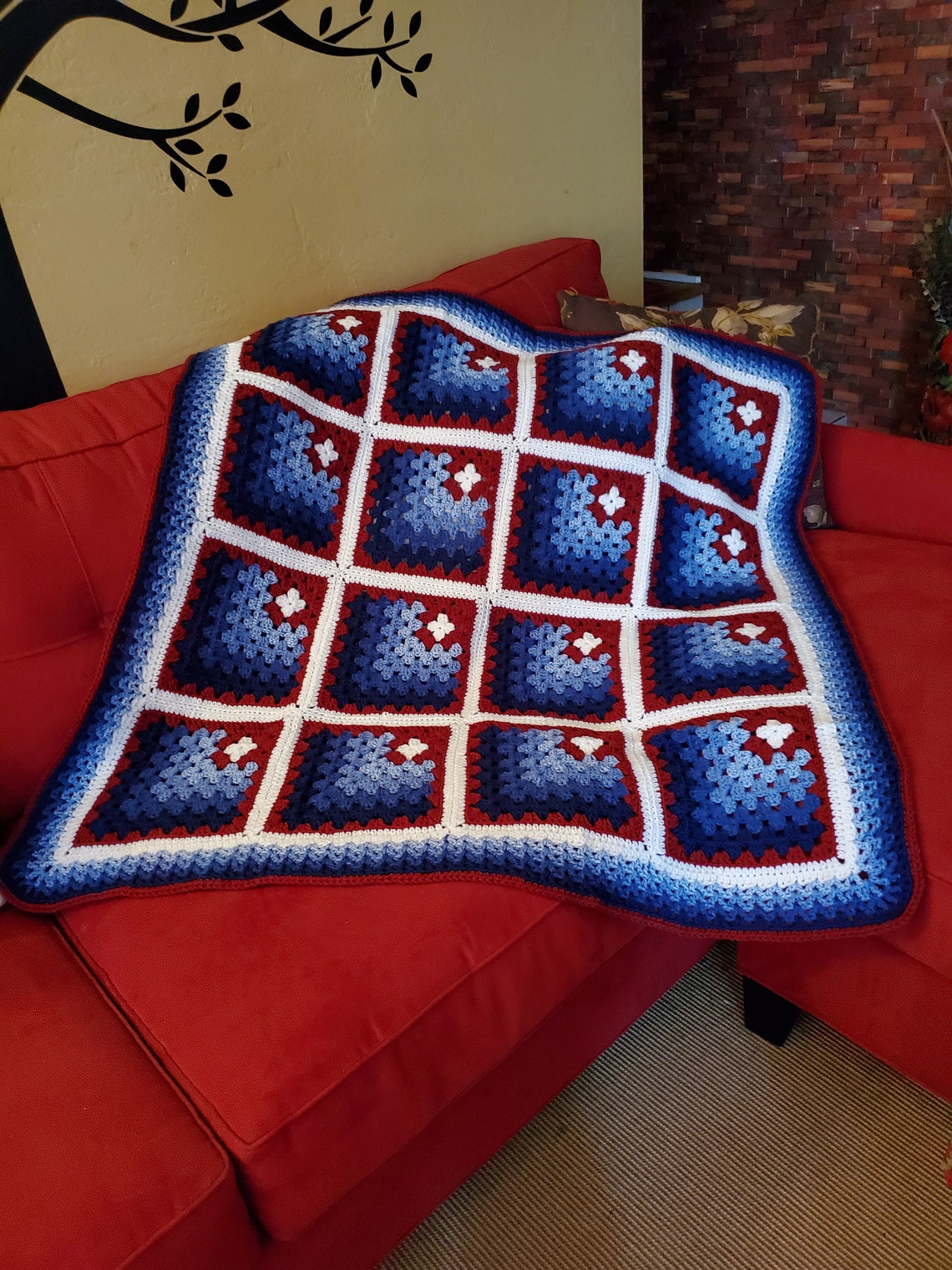 Handmade Crochet Fades of Blue Mitered Granny Square Throw Afghan ...