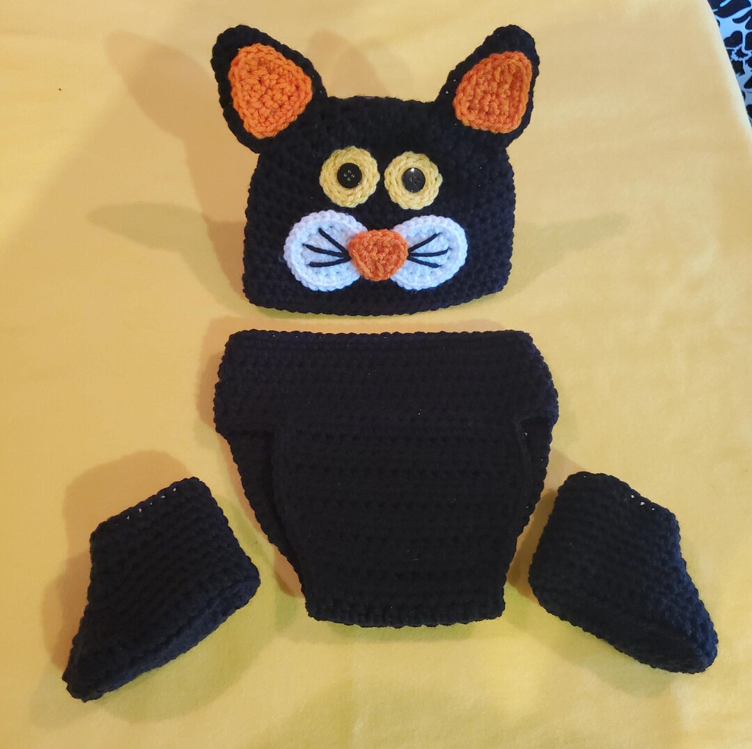 Handmade Crochet Black Cat Hat, Booties & Diaper Cover Baby Set - Etsy