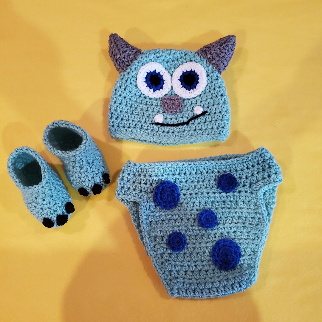Handmade Crochet Baby Sulley Monster Hat, Booties and Diaper Cover Baby ...