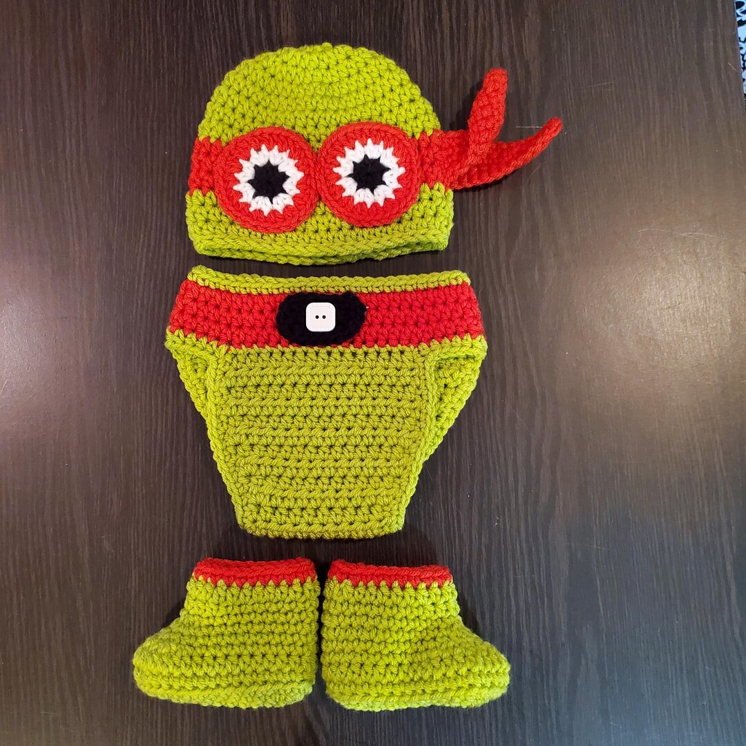 Handmade Crochet Ninja Turtle Hat, Booties & Diaper Cover Baby Set - Etsy