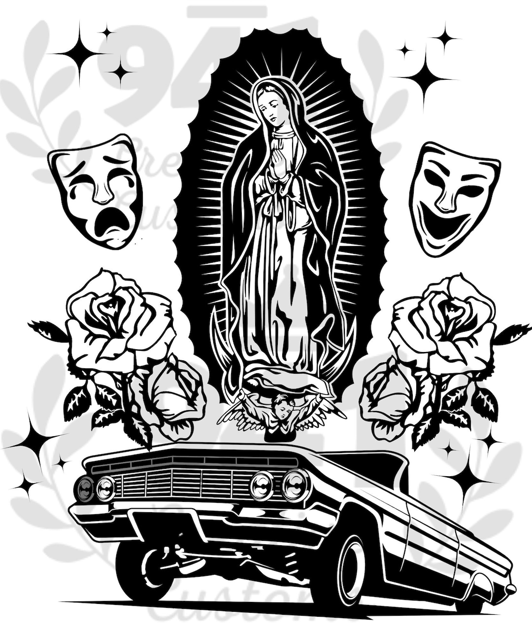 Low Rider and Virgin Mary With Flowers PNG FILE - Etsy