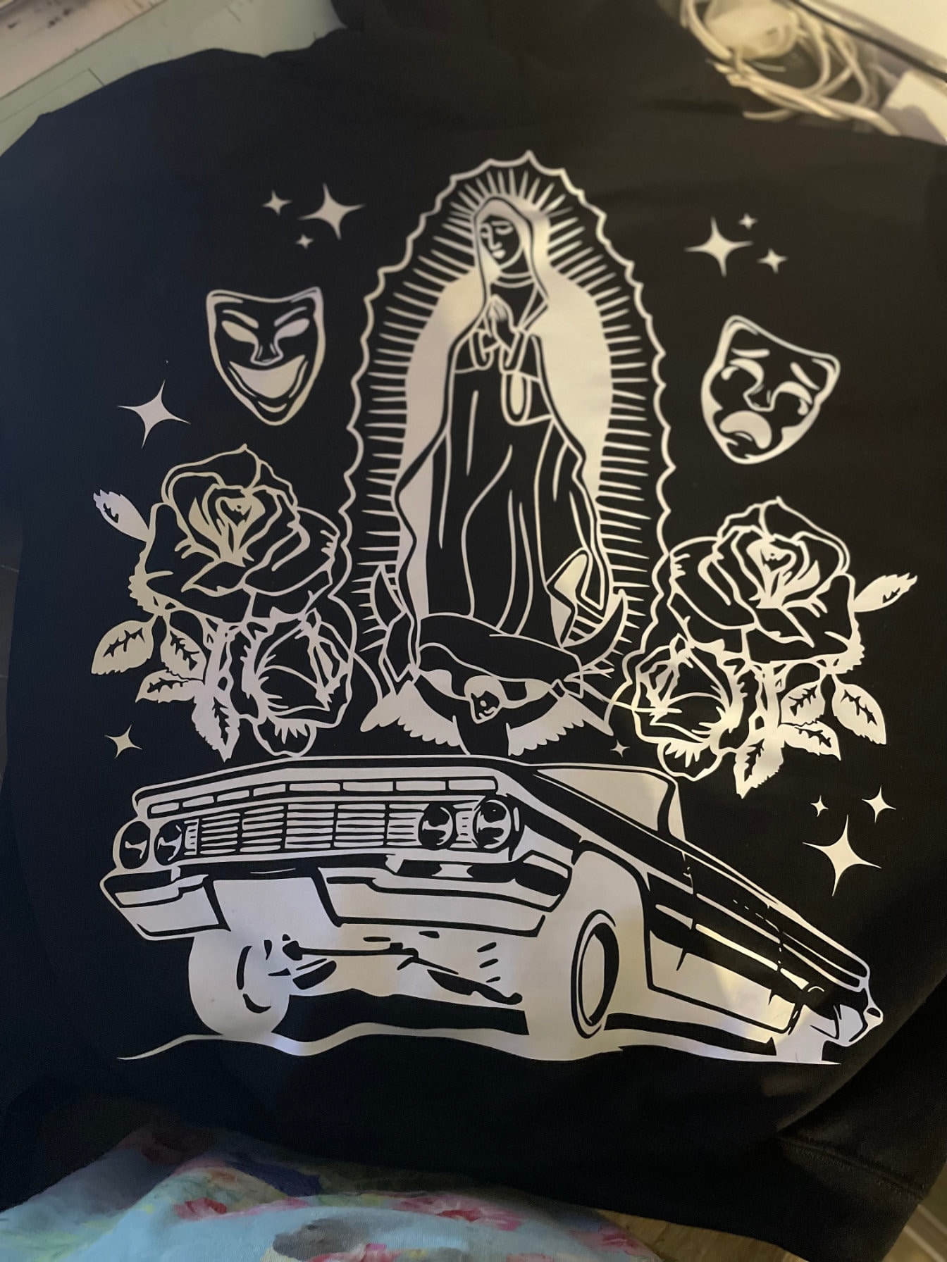 Low Rider and Virgin Mary With Flowers Hoodie - Etsy
