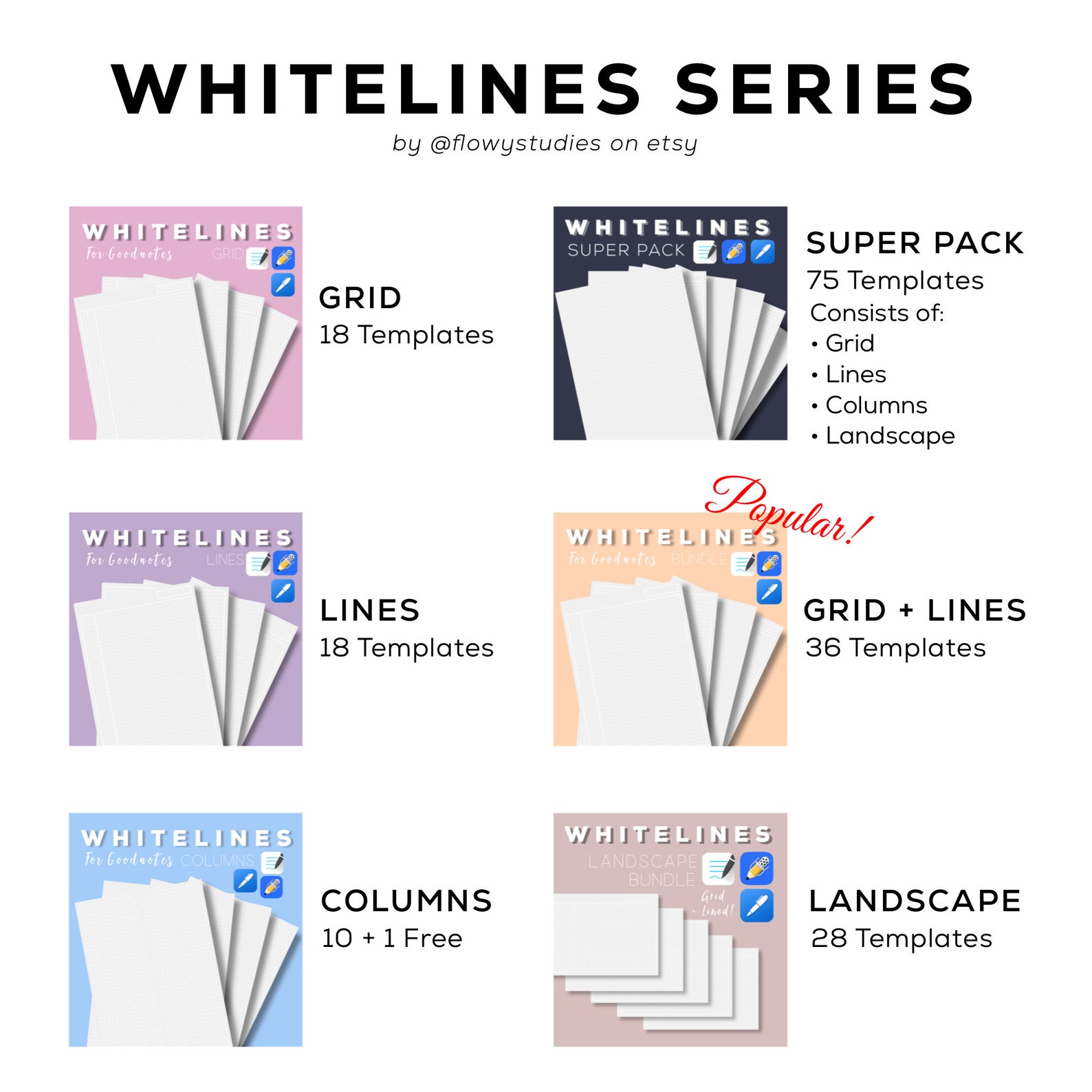 36 Whitelines for Goodnotes Notability Noteshelf Templates | Etsy