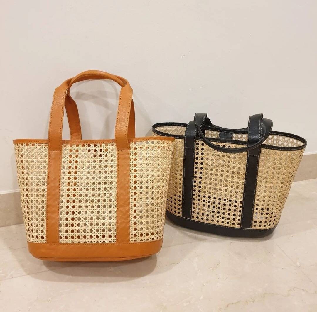 Handmade Cane Woven and Leather Tote Rattan Shopper Bag Cane Webbing ...