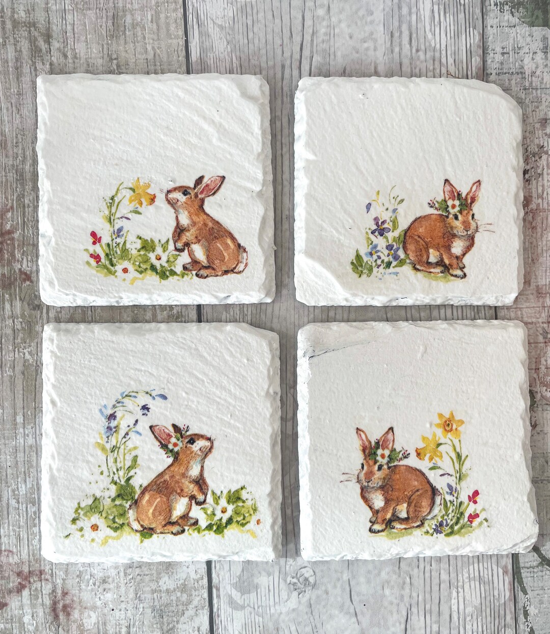 Bunny Coasters, Rabbit Gifts, White Coasters, Animal Coasters, Square ...
