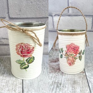Tin Cans Decorated, Floral Bucket, Rose Home Decor, Painted Tin ...