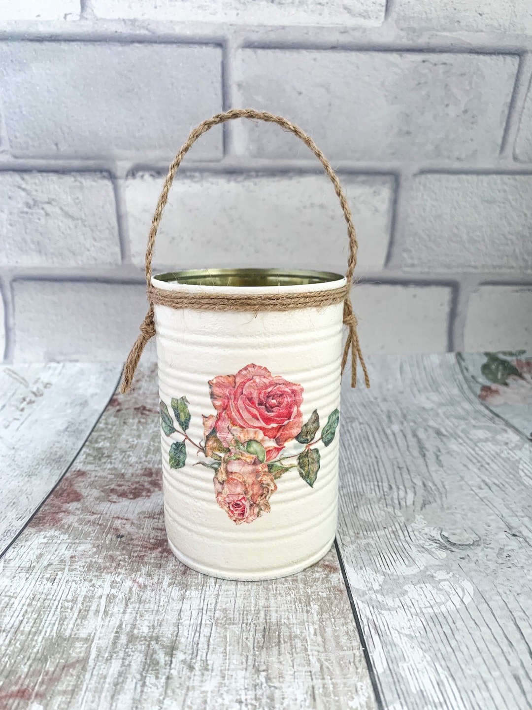 Tin Cans Decorated, Floral Bucket, Rose Home Decor, Painted Tin ...