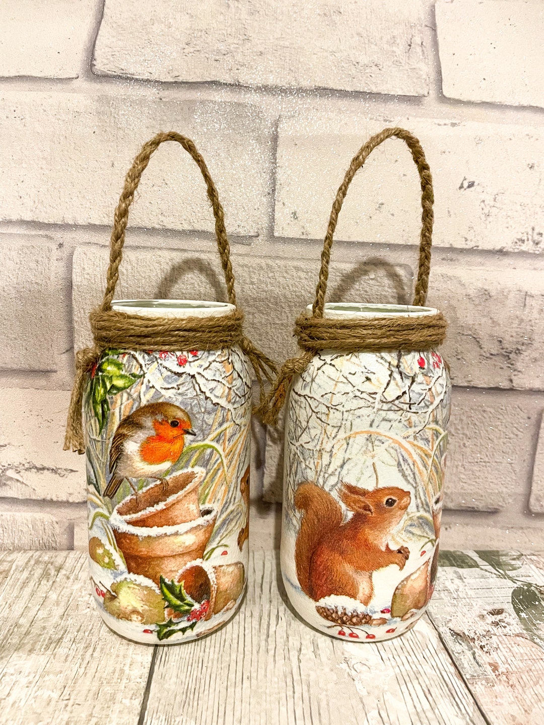 Christmas Robin Decorations, Glass Jar With Rope, Decoupage Jar, Xmas ...