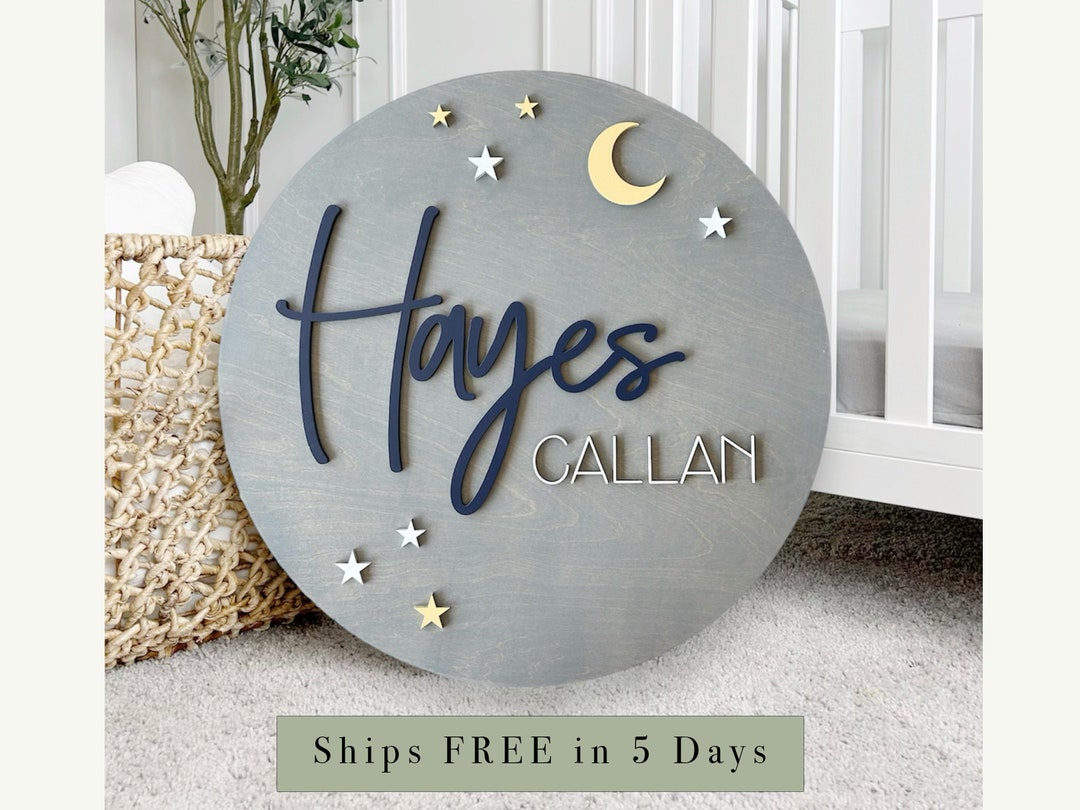 Moon and Stars Nursery Sign, Custom Baby Name Sign, Space Theme Nursery ...