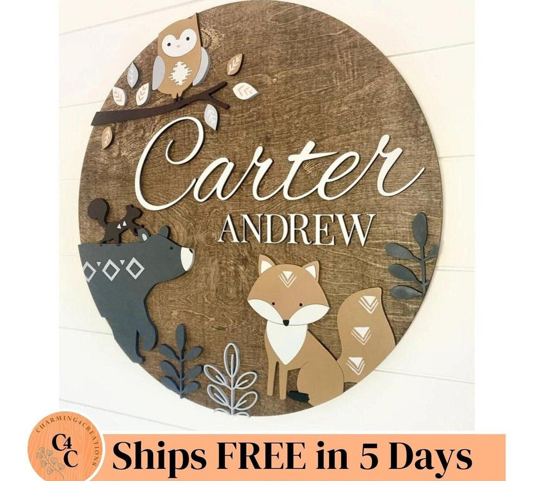 Baby Name Sign Animal Nursery Sign Woodland Theme Nursery - Etsy