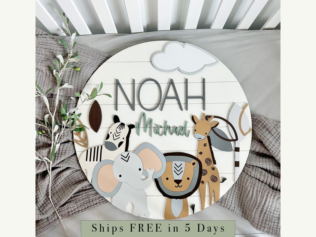 Safari Animal Name Sign, Shiplap Name Sign, Custom Baby Shower Gift ...