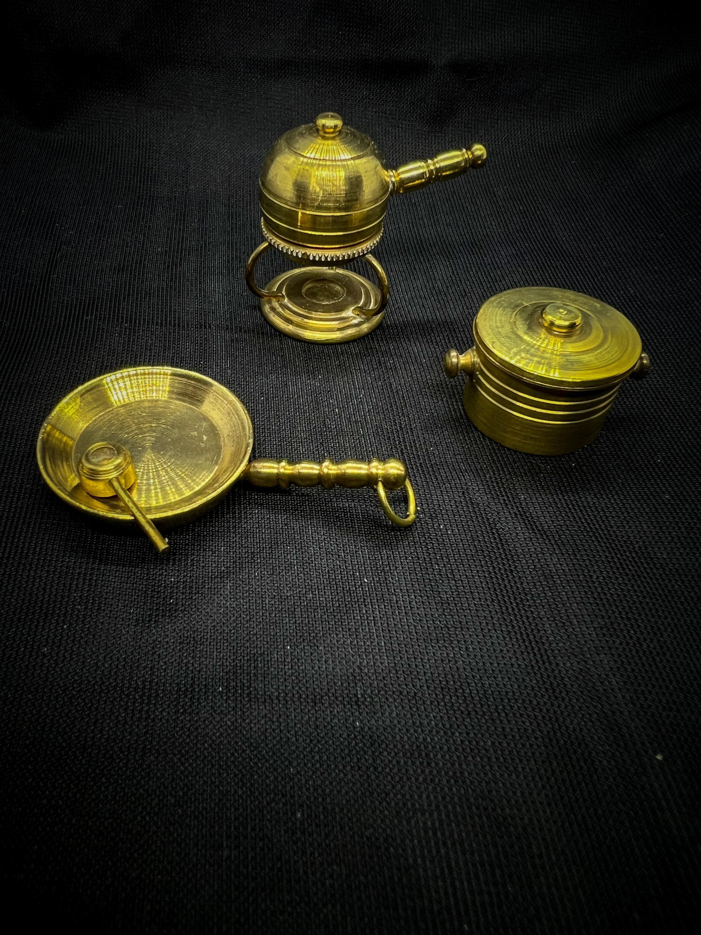 Vintage Brass Miniature Kitchen Set Miniature Pan Saucepan Pot picnic ...