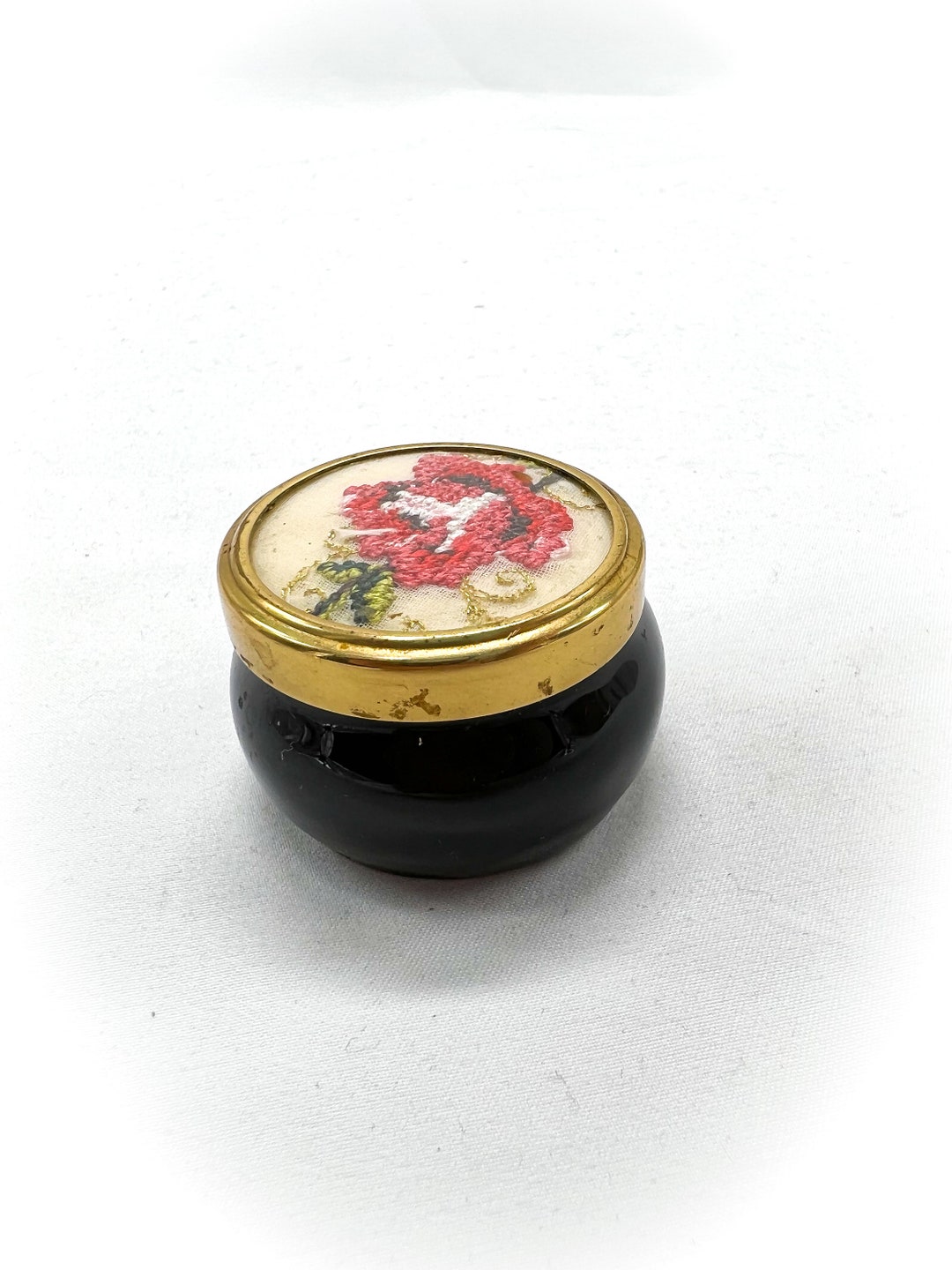 Vintage Vintage Pill Pot With Cross Stitch Floral Pattern on the Lid ...