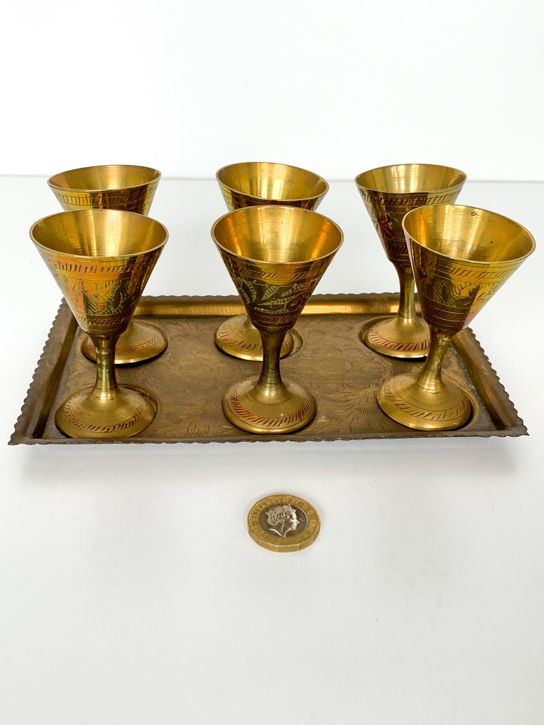 Vintage Engraved Brass Mini Goblet Set With Tray, Collectible Engraved ...