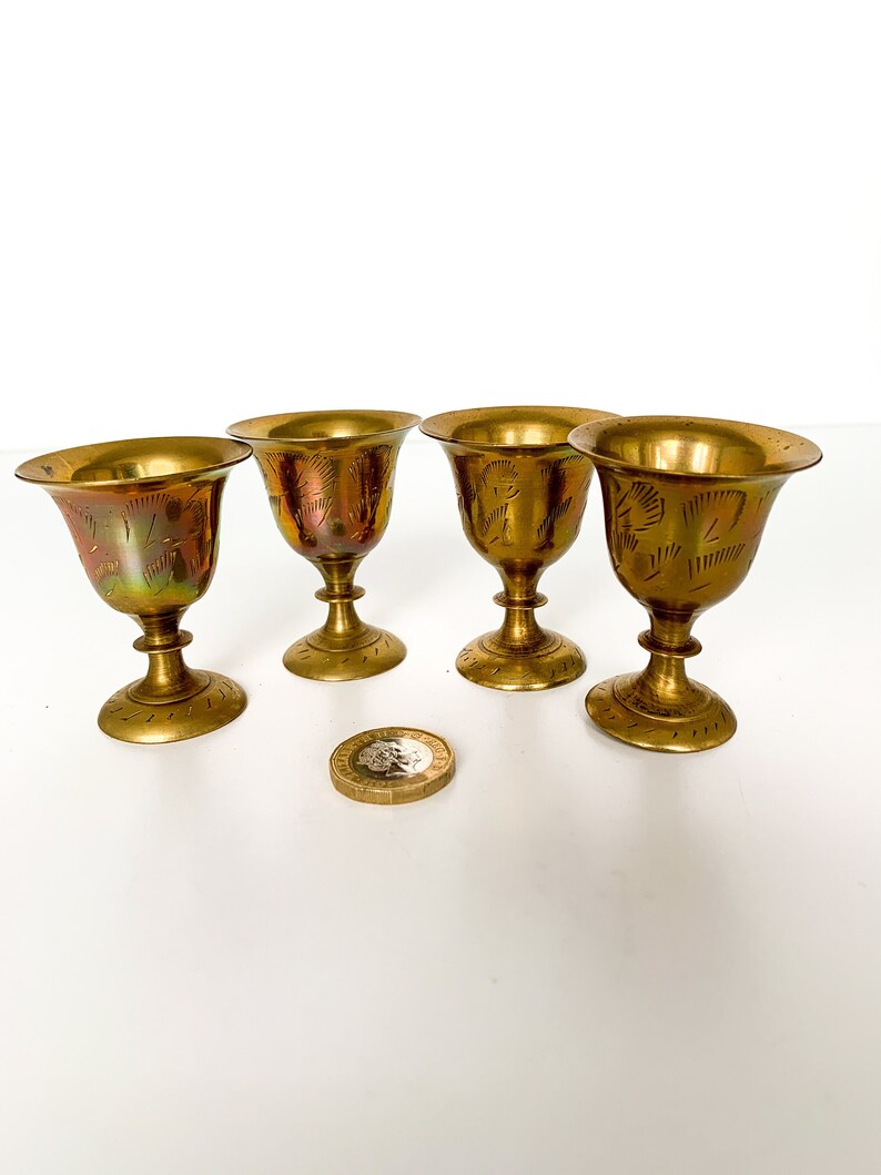 Vintage Engraved Brass Mini Goblet Set: Handmade Collectible - Etsy